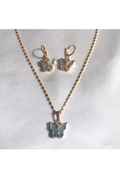 Milena Aksesuar Kadın Mavi Simli Kelebek Kolye ve Küpe Set MLN-KLY-089 Milena Aksesuar Kadın Mavi Simli Kelebek Kolye ve Küpe Set MLN-KLY-089