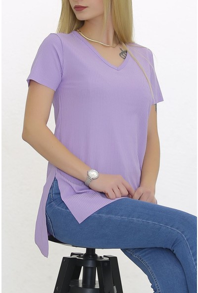Bernam Butik V Yaka Yırtmaçlı Tişört Lila Bernam Butik V Yaka Yırtmaçlı Tişört Lila