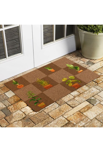 Gardenya Home Hasır Görünümlü Karo Desenli Saksılı Kaktüsler Kapı Önü ve Ev İçi Paspası