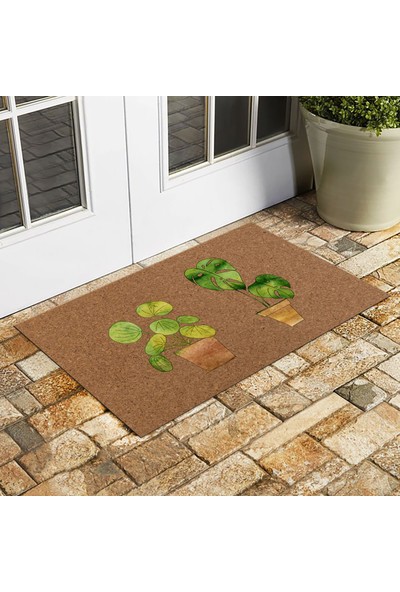 Gardenya Home Hasır Görünümlü Saksılı Bitki Desenli Kapı Önü ve Ev İçi Paspası