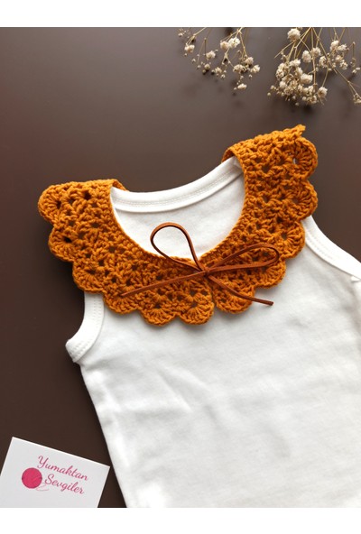 Vintage Örgü Bebe Yaka Hardal