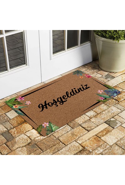 Karnaval Hasır Görünümlühoşgeldiniz Yazılı Tropikal Çiçekli Kapı Önü ve Ev Içi Paspası