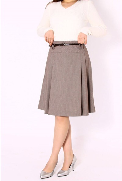 Lamazi Büyük Beden Kemerli Pileli Sim Çizgili Kadın Etek