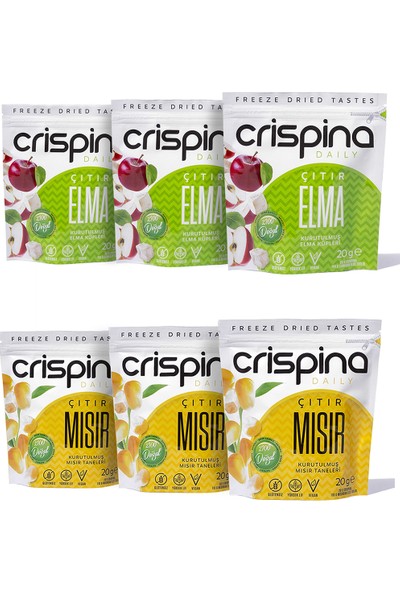 Crispina Çıtır Tane Mısır 3 Paket + Crispina Çıtır Elma 3 Paket (Freeze Dried) 20 gr x 6
