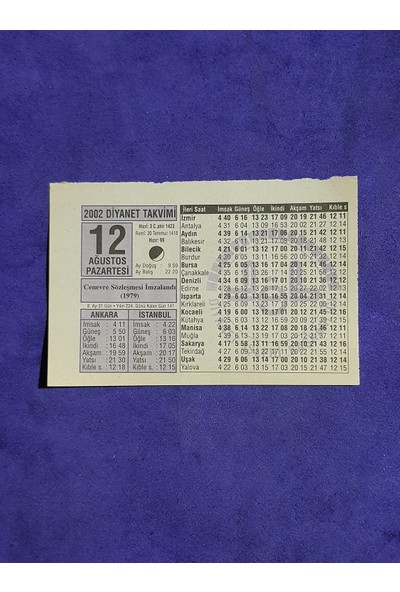 Hasyılmaz 12 Ağustos 2002 Takvim Yaprağı - Nostalji Koleksiyonluk Takvim Yaprağı A