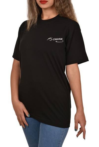 Yeşil Yaprak Sıfır Yaka Unisex M.kemal Atatürk Imzalı Göğüs Baskılı Tişört