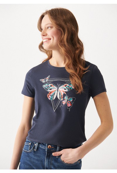Mavi Kelebek Baskılı Mavi Tişört