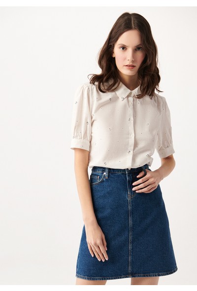 Mavi Kısa Kollu Beyaz Gömlek