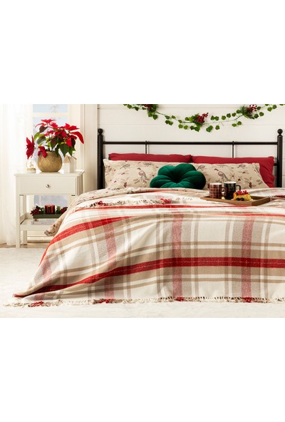English Home Mackenzie Simli Pamuklu Tek Kişilik Battaniye 150X200 cm Bej – Kırmızı
