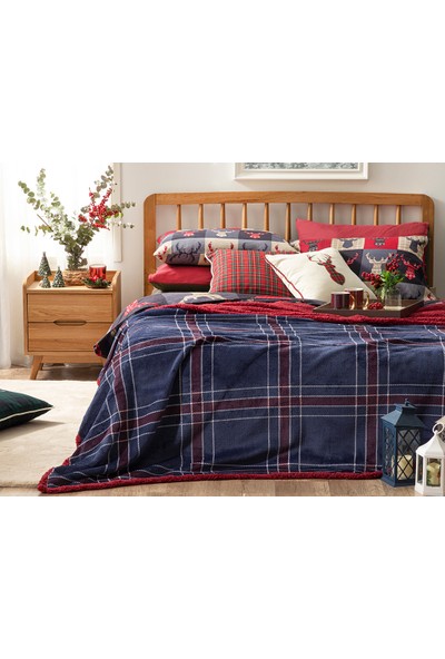 English Home Tartan Sherpa Çift Kişilik Battaniye 200X220 cm Lacivert-Bordo