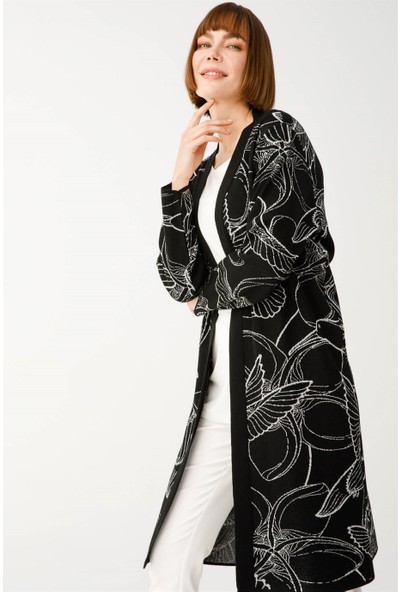 Kuş Desenli Triko Hırka-Siyah