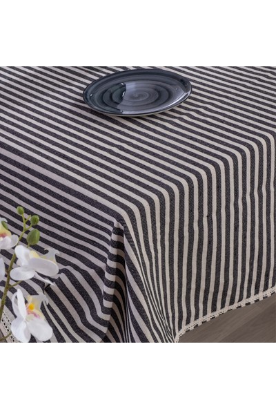 Vivamaison Siyah Çizgili Keten Dantelli Masa Örtüsü