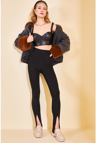 Siyah Ön Yırtmaçlı Çelik Tayt 2KXK5-45998-02 Siyah Ön Yırtmaçlı Çelik Tayt 2KXK5-45998-02
