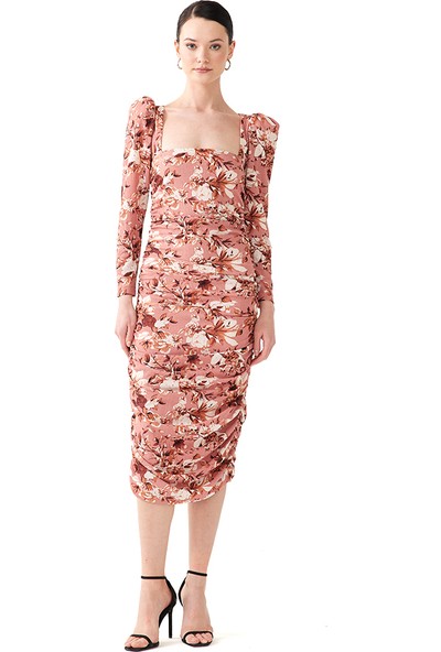 Just As You Rachela Gül Desenli Kabarık Omuzlu Kalem Elbise