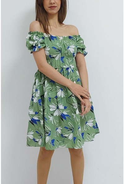 Madonna Yaka Çiçek Desenli Elbise Yeşil