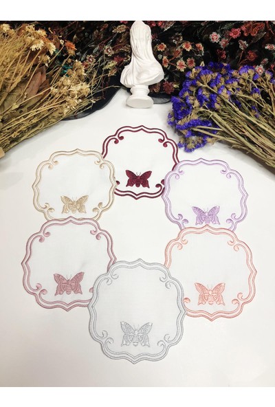 Sun Art Textile Kelebek-6 6 Farklı Renk Nakışlı Kokteyl / Sunum Peçetesi, Bardak Altlığı 6'lı Takım