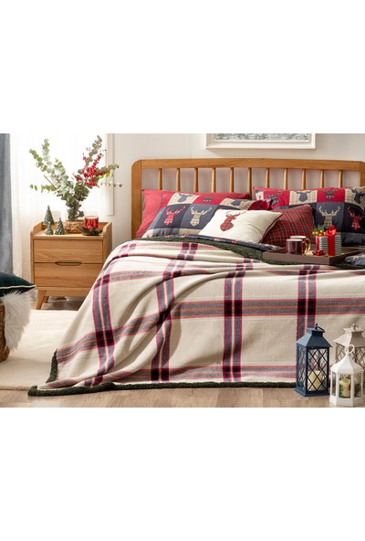 English Home Windowpane Sherpa Çift Kişilik Battaniye 200 x 220 cm Bej - Kırmızı
