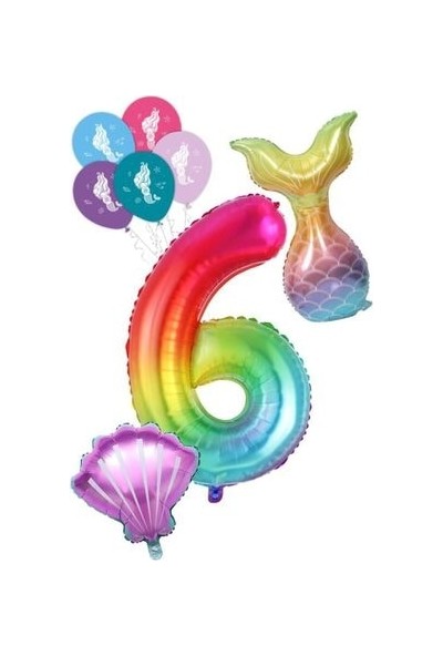 6 Rakam Gökkuşağı Deniz Kızı Folyo Balon Seti 6 Rakam Gökkuşağı Deniz Kızı Folyo Balon Seti