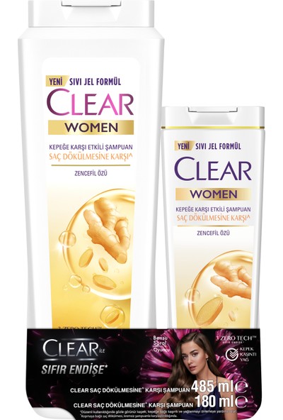 Clear Women Kepeğe Karşı Etkili Şampuan Saç Dökülmesine Karşı Zencefil Özü 485 ml + 180 ml