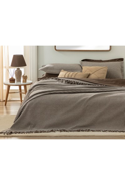 English Home Chequer Dokuma Tek Kişilik Yatak Örtüsü Takımı 160 x 240 cm Kahve