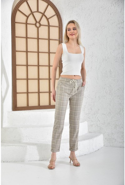 Mangosteen Bej Ekose Çizgili Pantolon