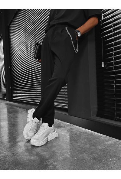 Abluka Boyfriend Zincirli Kumaş Pantolon Siyah