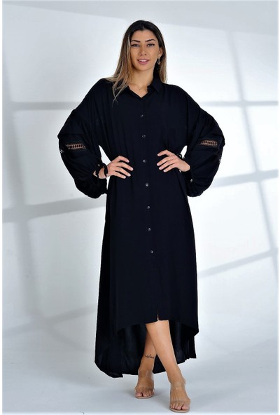 Kadın Siyah Balon Kol Sırtı ve Kolu Dantel Panelli Oversize Uzun Gömlek Elbise