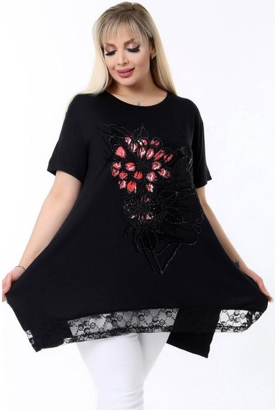 Kheos Yuvarlak Yaka Çiçek Desenli Taş Işlemeli Eteği Dantel Yırtmaçlı Asimetrik Dökümlü Kısa Kol Tunik
