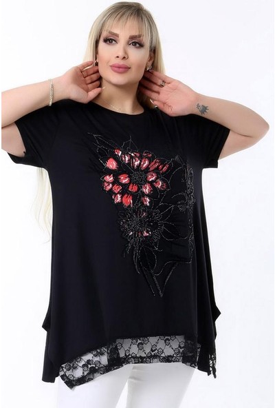 Kheos Eteği Dantel Yırtmaçlı Çiçek Desenli Asimetrik Yuvarlak Yaka Taş Işlemeli Dökümlü Kısa Kol Bluz
