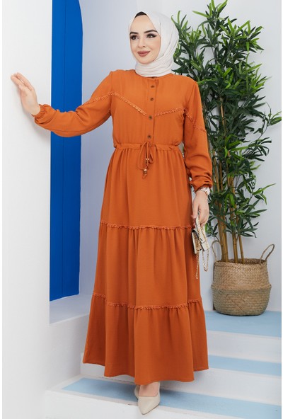 İmaj Butik Belden Büzgü Detaylı Ayrobin Tesettür Elbise Kiremit