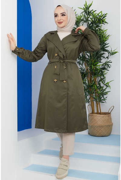 İmaj Butik Belden Kuşaklı Tesettür Trençkot Haki