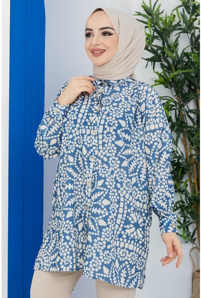 İmaj Butik Dijital Baskılı Salaş Gömlek İndigo