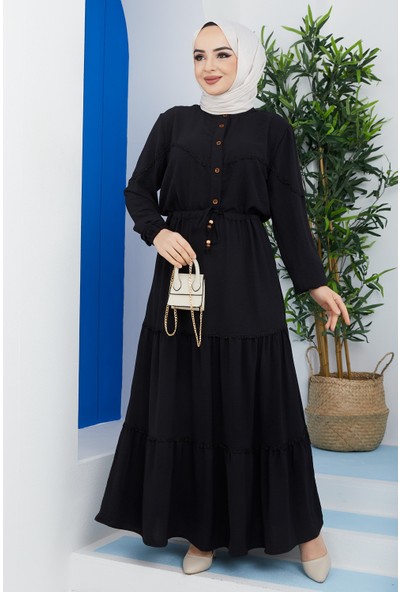 İmaj Butik Belden Büzgü Detaylı Ayrobin Tesettür Elbise Siyah