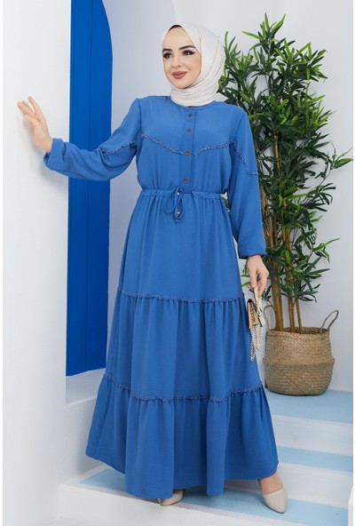 İmaj Butik Belden Büzgü Detaylı Ayrobin Tesettür Elbise İndigo