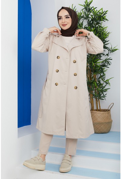 İmaj Butik Belden Kuşaklı Tesettür Trençkot Taş