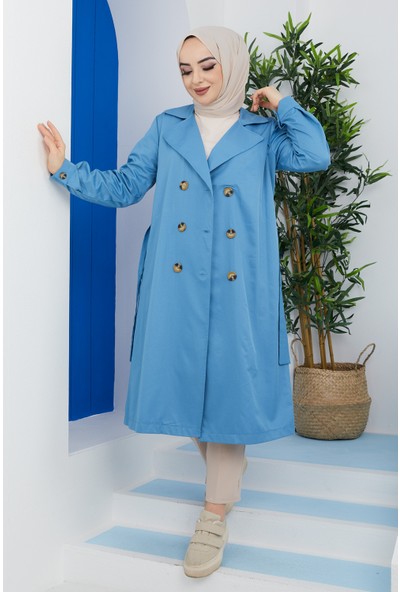 İmaj Butik Belden Kuşaklı Tesettür Trençkot İndigo