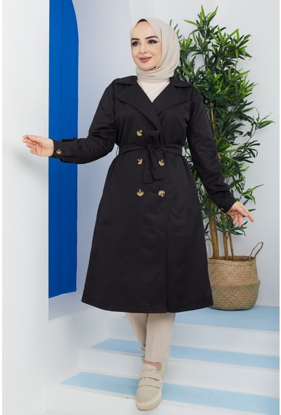 İmaj Butik Belden Kuşaklı Tesettür Trençkot Siyah
