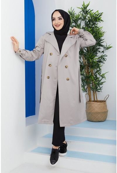 İmaj Butik Belden Kuşaklı Tesettür Trençkot Gri