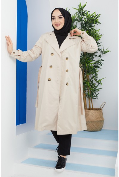 İmaj Butik Belden Kuşaklı Tesettür Trençkot Bej