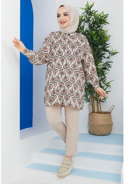 İmaj Butik Dijital Baskılı Salaş Gömlek acı Kahve