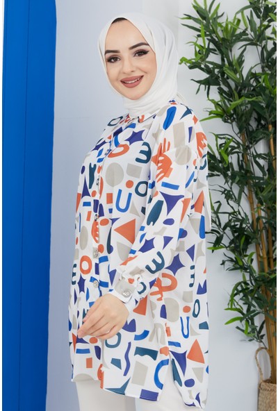 İmaj Butik Dijital Baskılı Salaş Gömlek Beyaz Saks