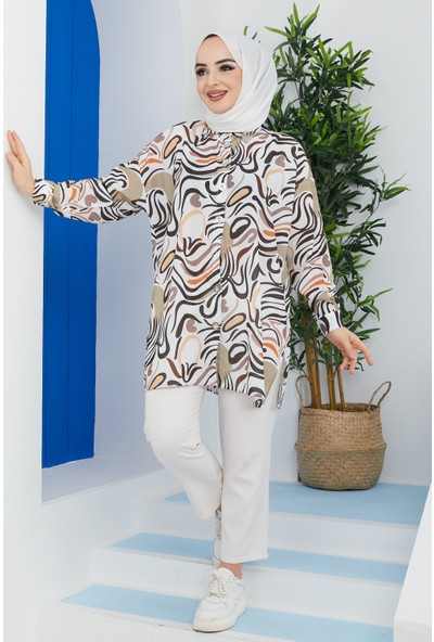 İmaj Butik Dijital Baskılı Salaş Gömlek Ekru Vizon