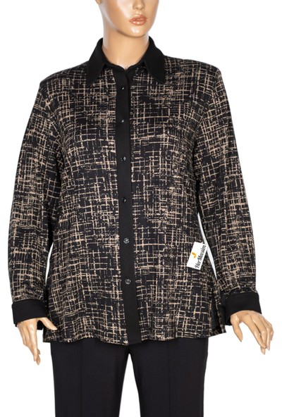 Hesna Kadın Feza Geometrik Desenli Siyah Gömlek Hesna Kadın Feza Geometrik Desenli Siyah Gömlek