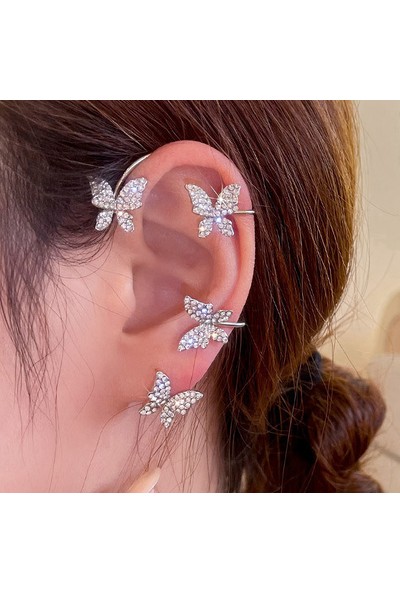 Playseba Kulak Deliksiz Zirkon Taşlı 4'lü Kelebek Kıkırdak Küpe