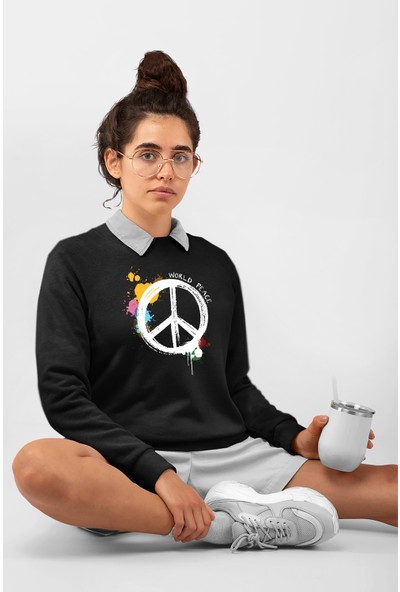 Dünyada Barış Temalı Baskılı Siyah Sweatshirt