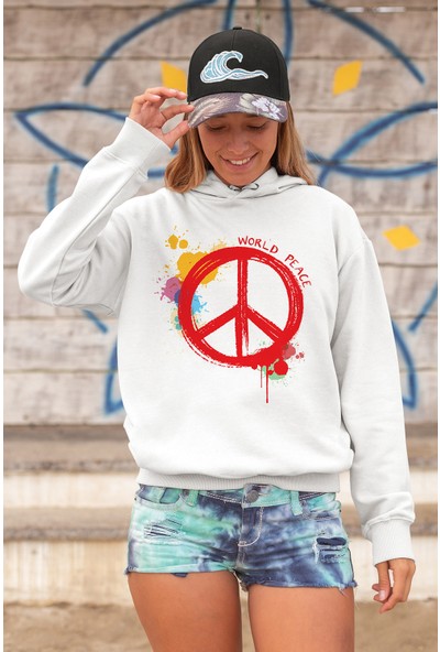 Dünyada Barış Temalı Baskılı Kapüşonlu Sweatshirt
