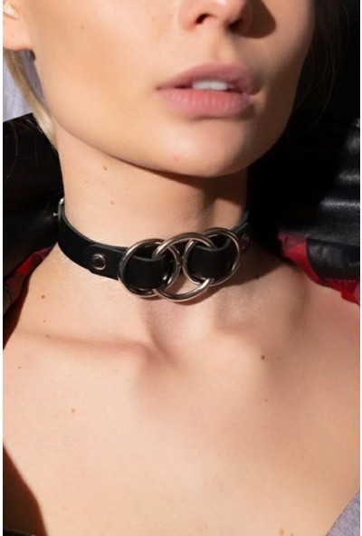 Sweet Demon Kadın Üçlü Halka Detaylı Ayarlı Şık Deri Choker Boyun Aksesuar Siyah
