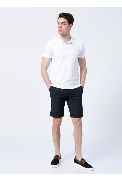 Fabrika Normal Bel Basic Çizgili Lacivert Erkek Bermuda Şort - Potts