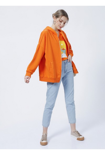 Fabrika Kapüşonlu Geniş Fit Düz Turuncu Kadın Sweatshirt - TATAM Fabrika Kapüşonlu Geniş Fit Düz Turuncu Kadın Sweatshirt - TATAM