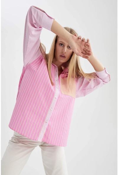 Oversize Fit Çizgili Cepli Poplin GÖMLEK V3985AZ22SM